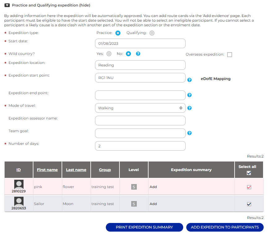How does a leader fill out the Practice expedition section? – DofE