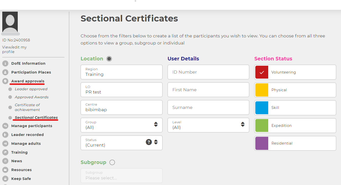 Sectional Certificates - Adults – DofE