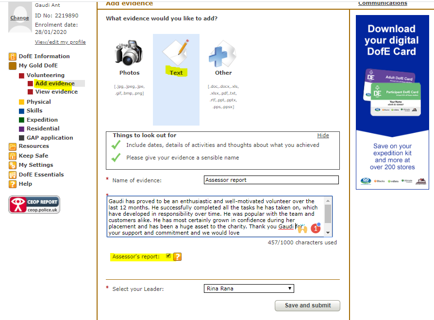 Different ways to submit an Assessor's Report – DofE