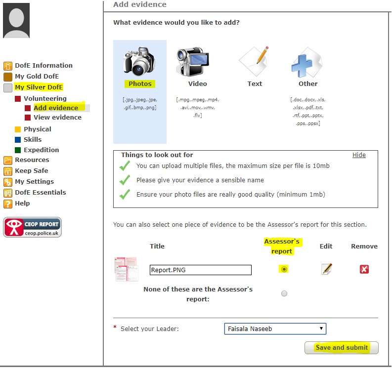 Different ways to submit an Assessor's Report – DofE