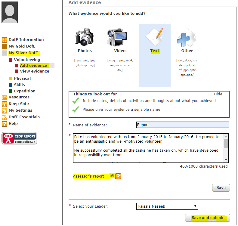 Different ways to submit an Assessor's Report – DofE